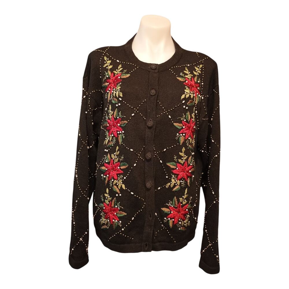 Bon Worth Black Christmas Cardigan Poinsettias Embroi… - Gem